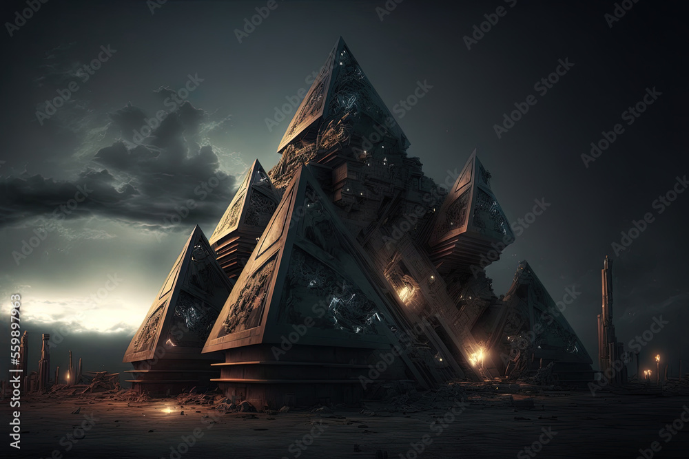 Sci-fi space background with pyramid. Science and technology platform ...