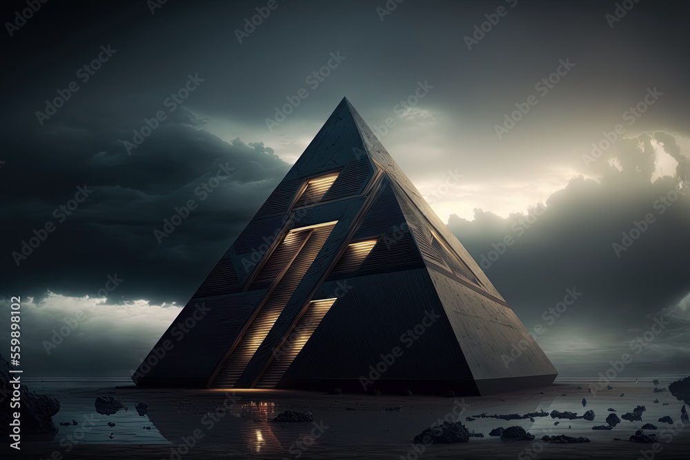 Sci-fi space background with pyramid. Science and technology platform ...