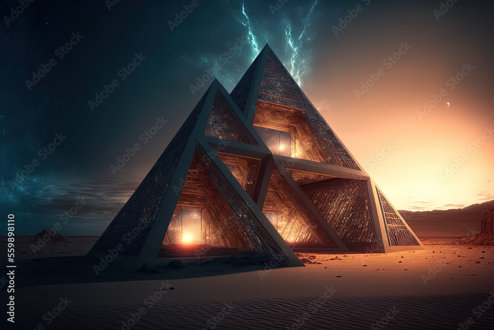 Sci-fi space background with pyramid. Science and technology platform ...