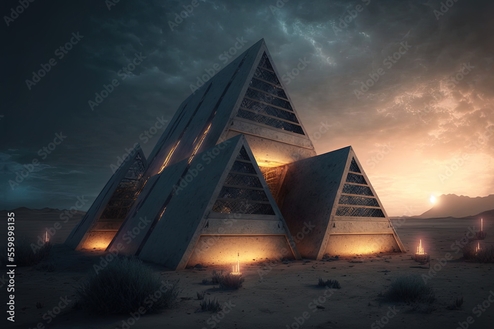 Sci-fi space background with pyramid. Science and technology platform ...