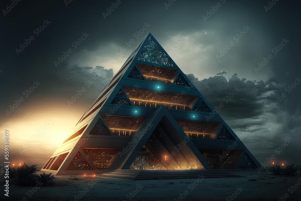 Sci-fi space background with pyramid. Science and technology platform ...