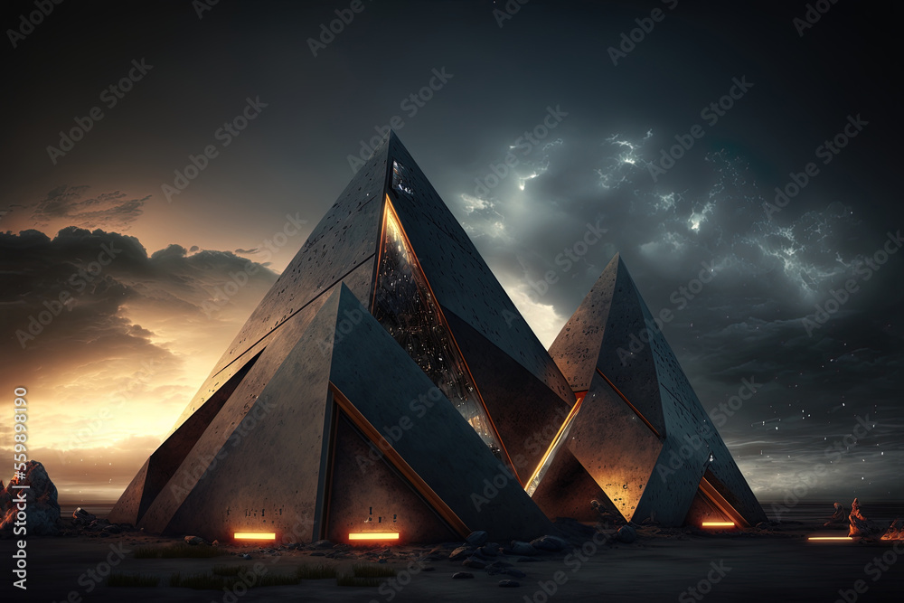 Sci-fi space background with pyramid. Science and technology platform ...