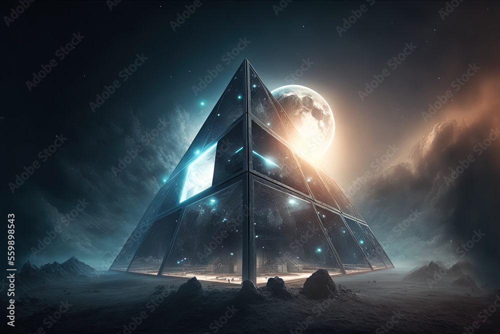 Sci-fi space background with pyramid. Science and technology platform ...