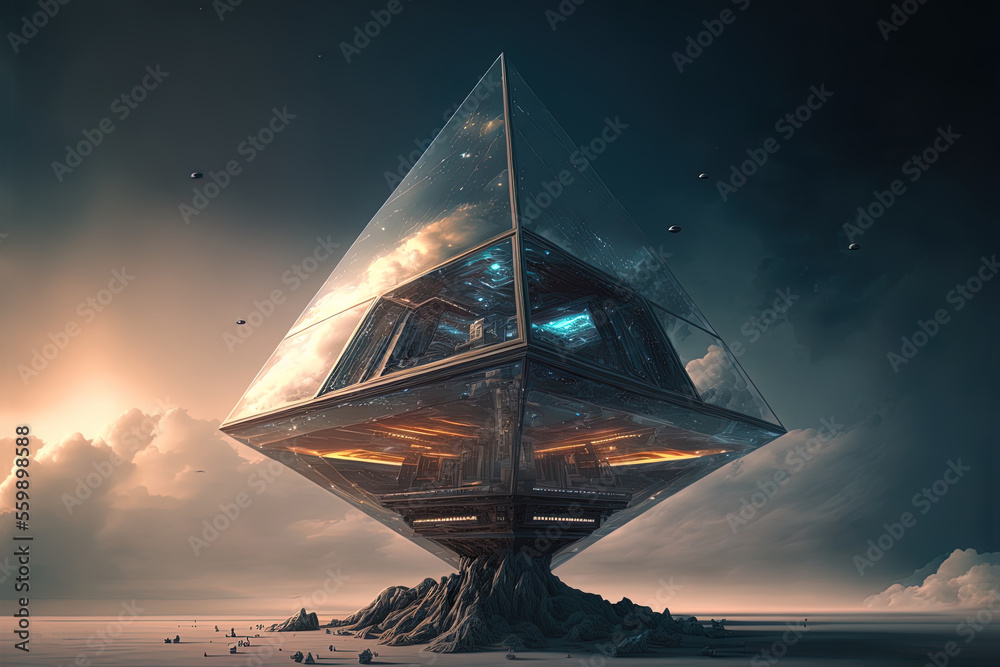 Sci-fi space background with pyramid. Science and technology platform ...