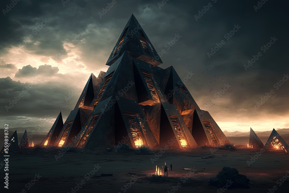 Sci-fi space background with pyramid. Science and technology platform ...