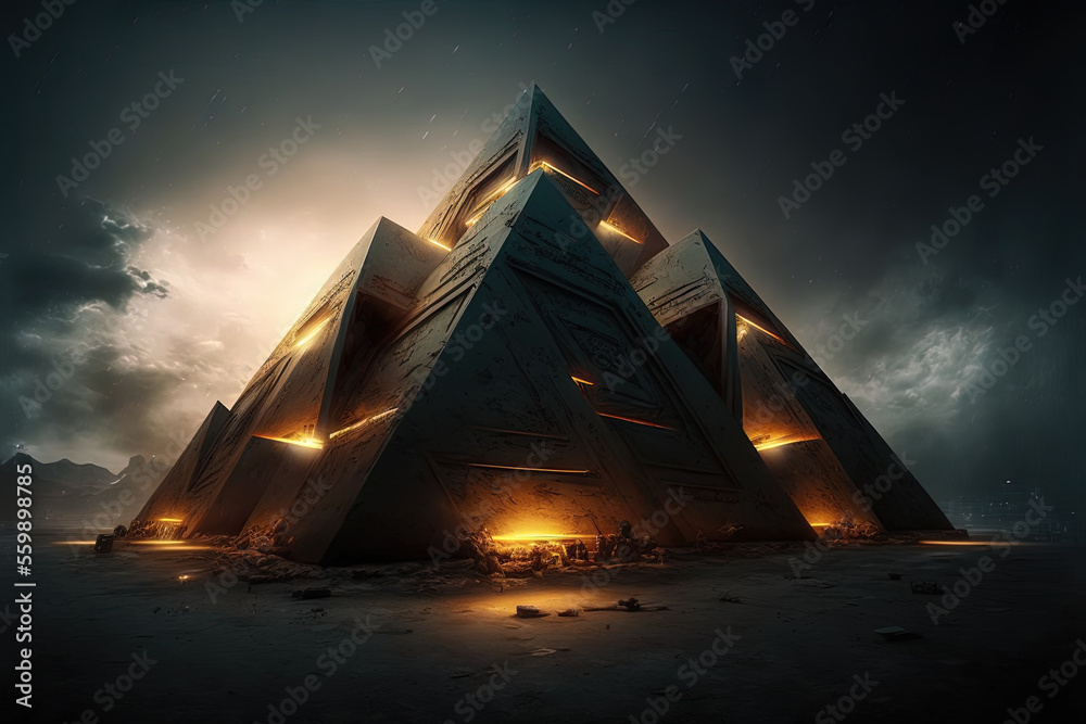Sci-fi space background with pyramid. Science and technology platform ...