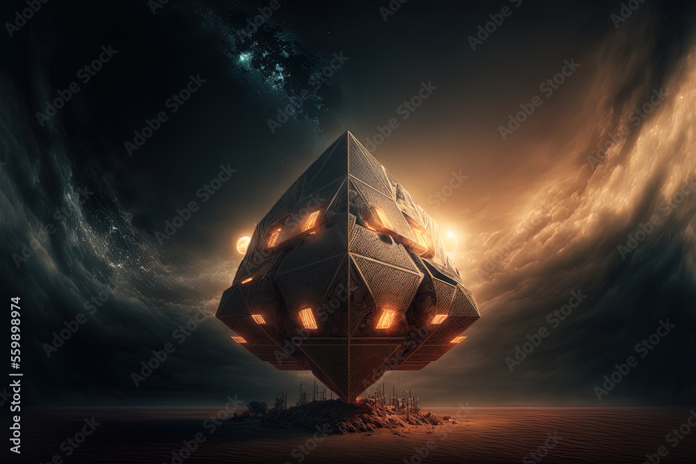 Sci-fi space background with pyramid. Science and technology platform ...