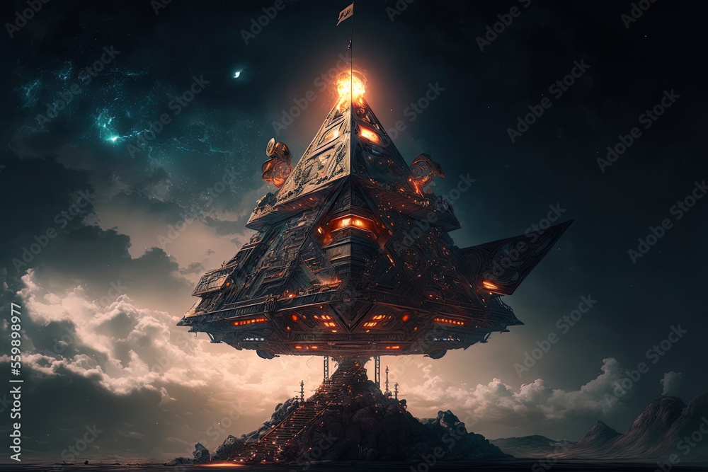 Sci-fi space background with pyramid. Science and technology platform ...