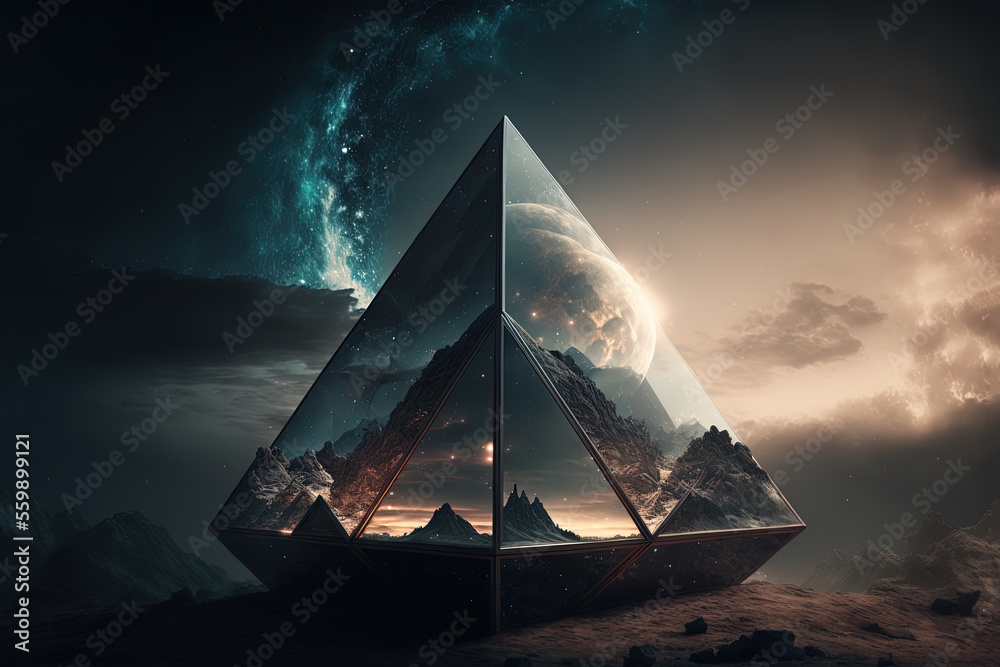 Sci-fi space background with pyramid. Science and technology platform ...