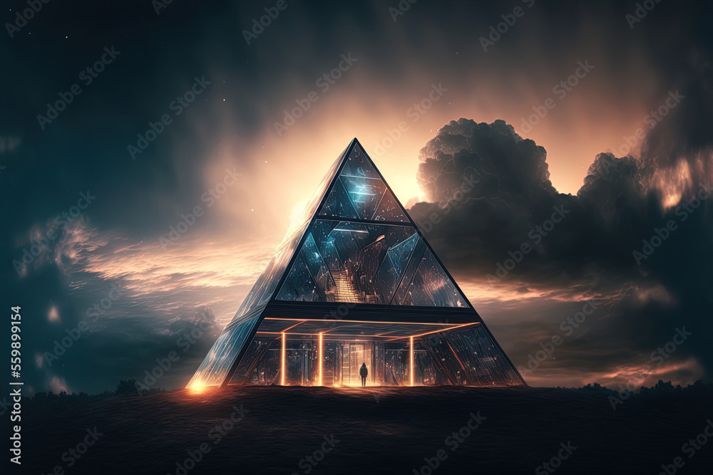 Sci-fi space background with pyramid. Science and technology platform ...