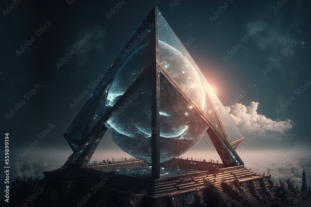 Sci-fi space background with pyramid. Science and technology platform ...