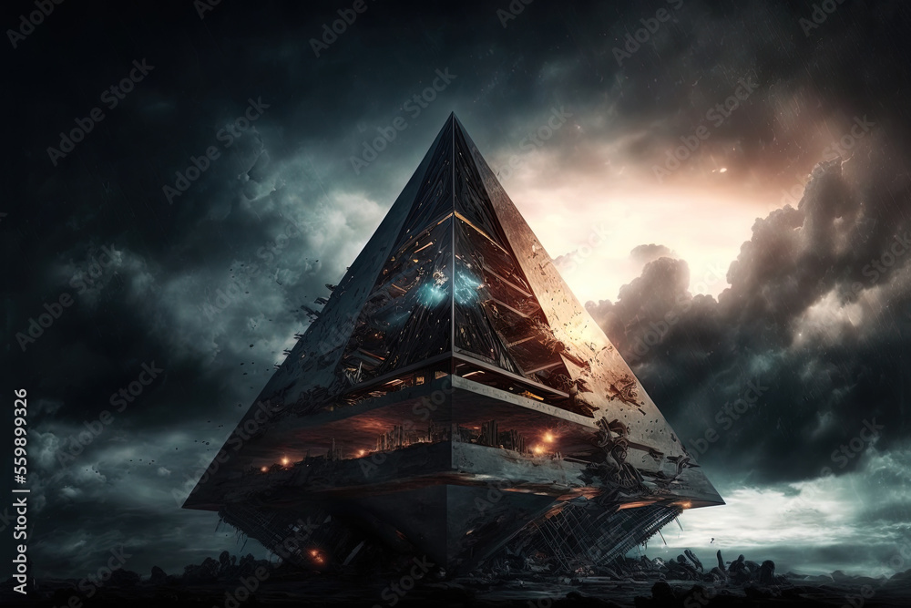 Sci-fi space background with pyramid. Science and technology platform ...
