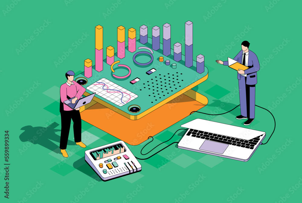 Data Analysis Concept In 3d Isometric Design Men Make Report And Market Research Work With