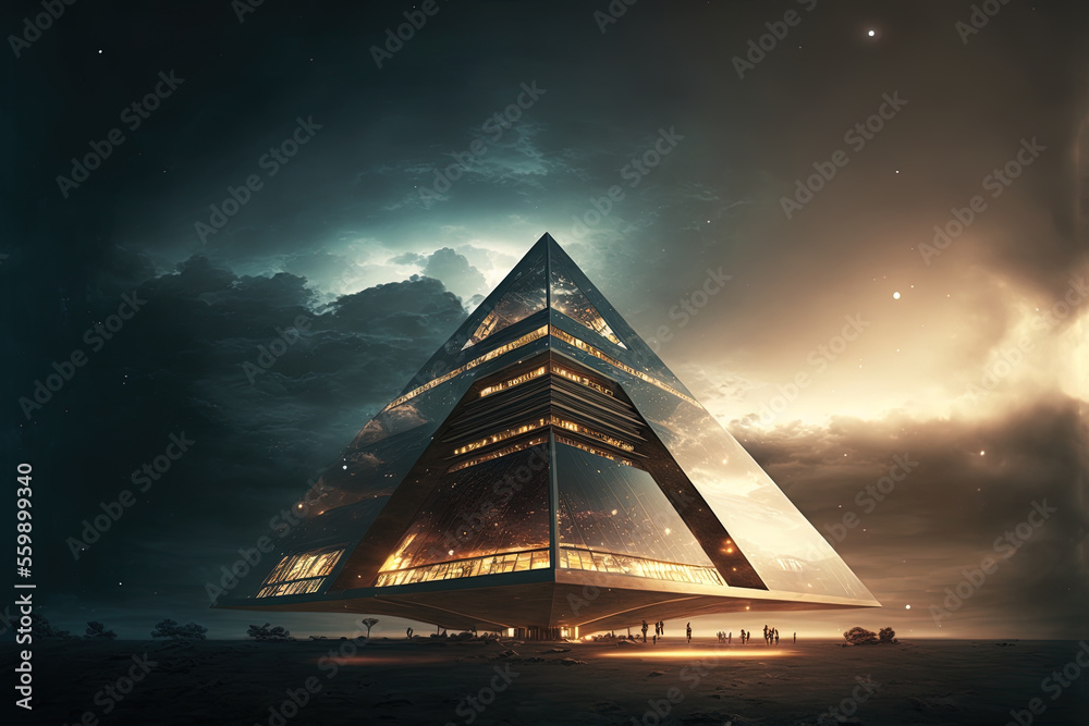 Sci-fi space background with pyramid. Science and technology platform ...