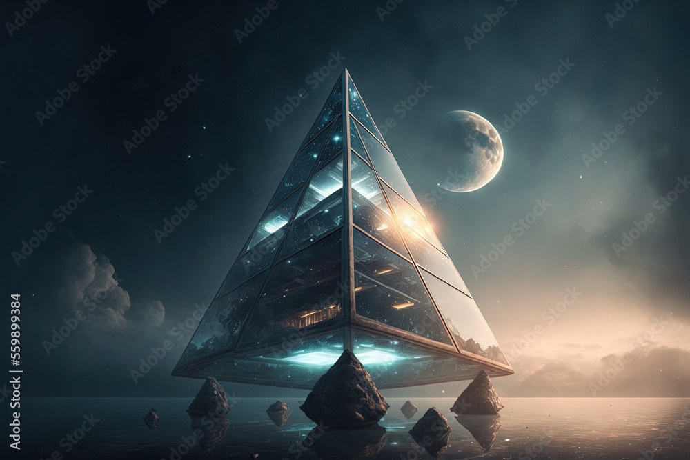 Sci-fi space background with pyramid. Science and technology platform ...