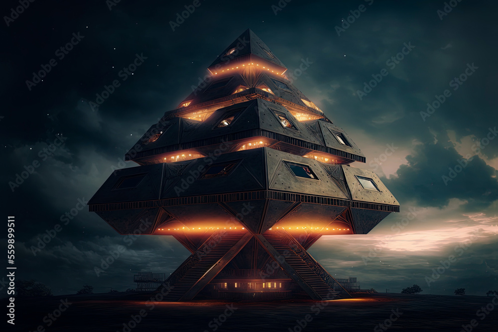 Sci-fi space background with pyramid. Science and technology platform ...