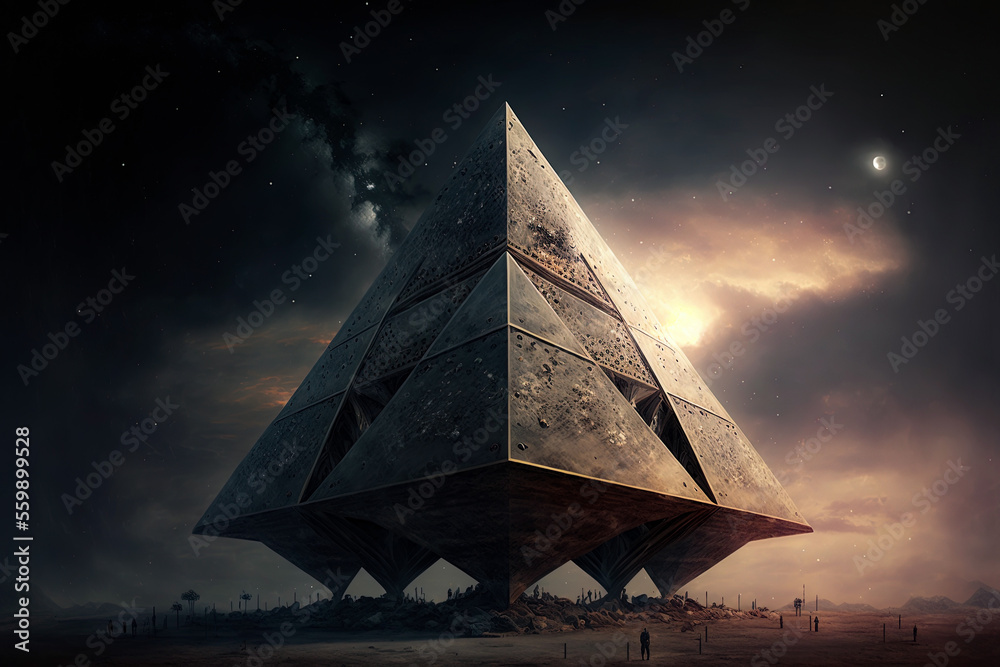 Sci-fi space background with pyramid. Science and technology platform ...