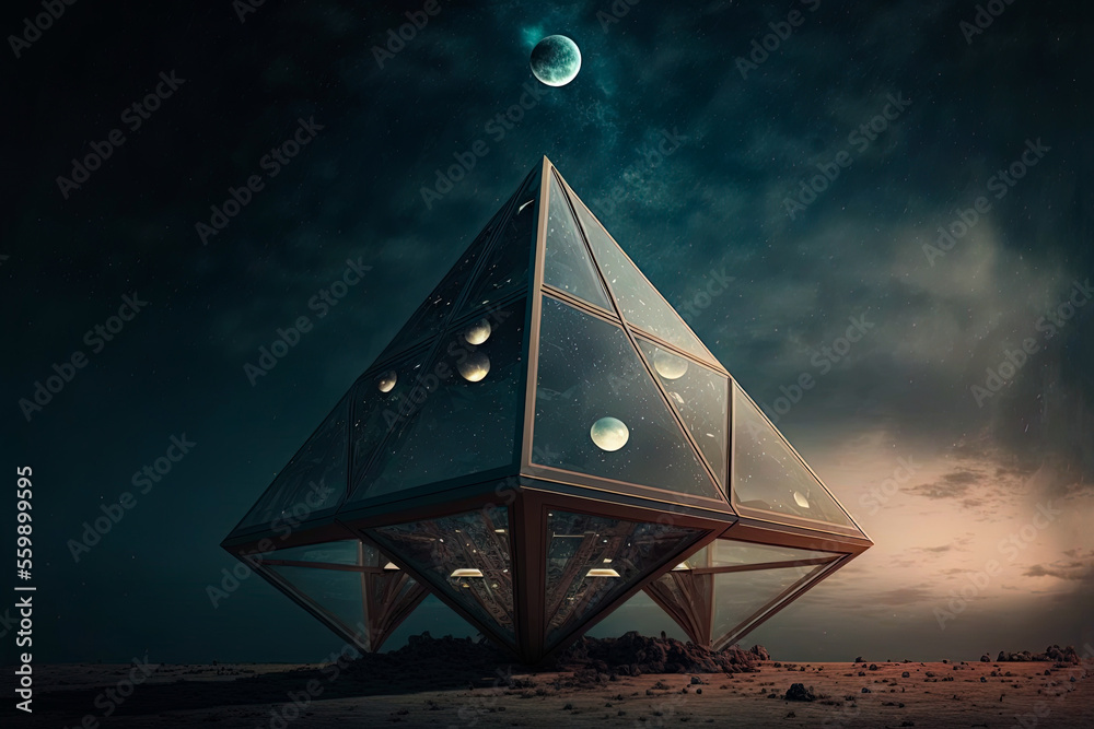 Sci-fi space background with pyramid. Science and technology platform ...