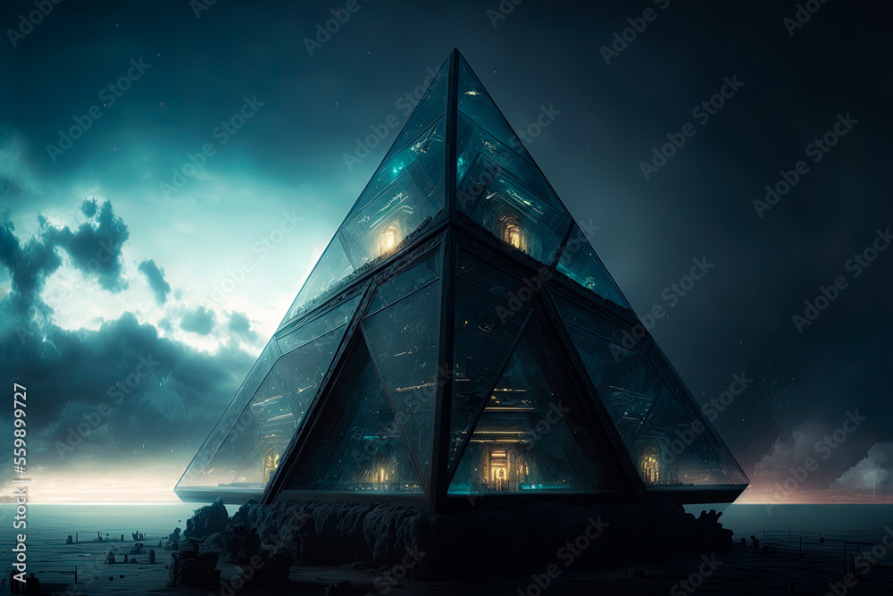 Sci-fi space background with pyramid. Science and technology platform ...