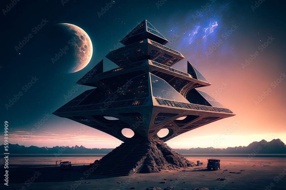 Sci-fi space background with pyramid. Science and technology platform ...