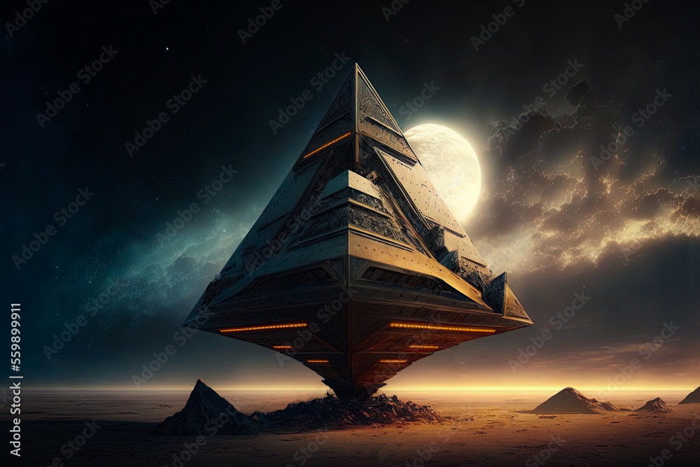 Sci-fi space background with pyramid. Science and technology platform ...