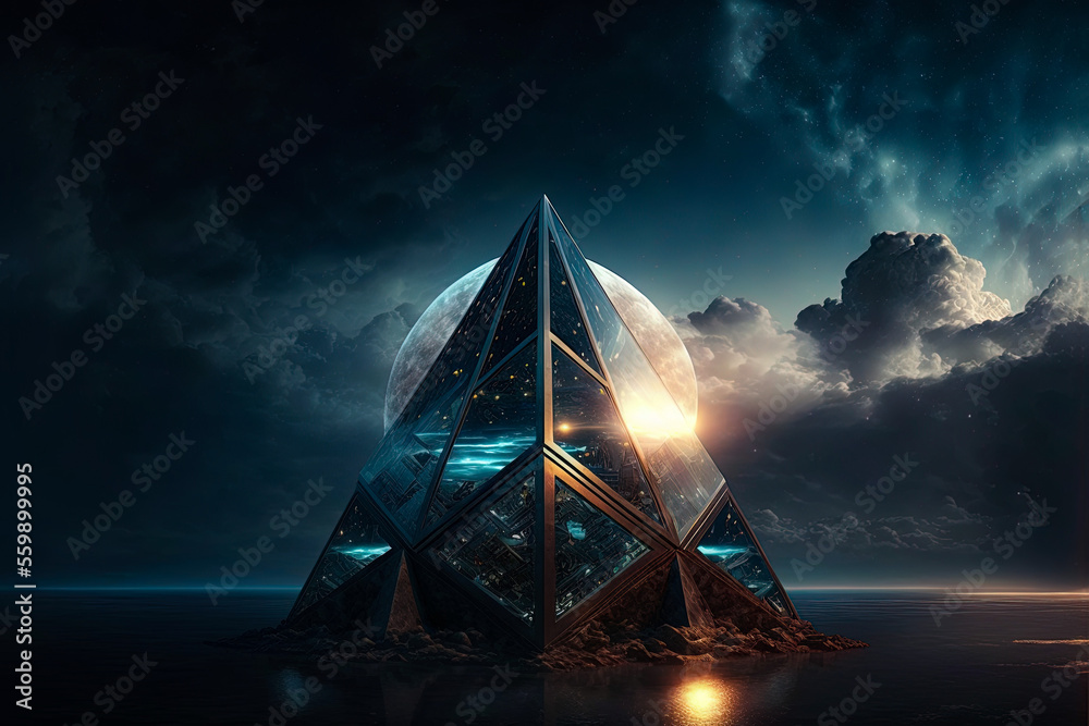 Sci-fi space background with pyramid. Science and technology platform ...