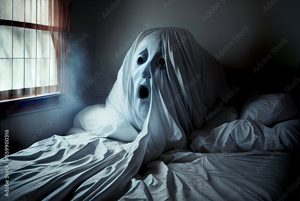Generative AI Illustration of a scary ghost arising from the bed sheets. Incubus in bedroom ...