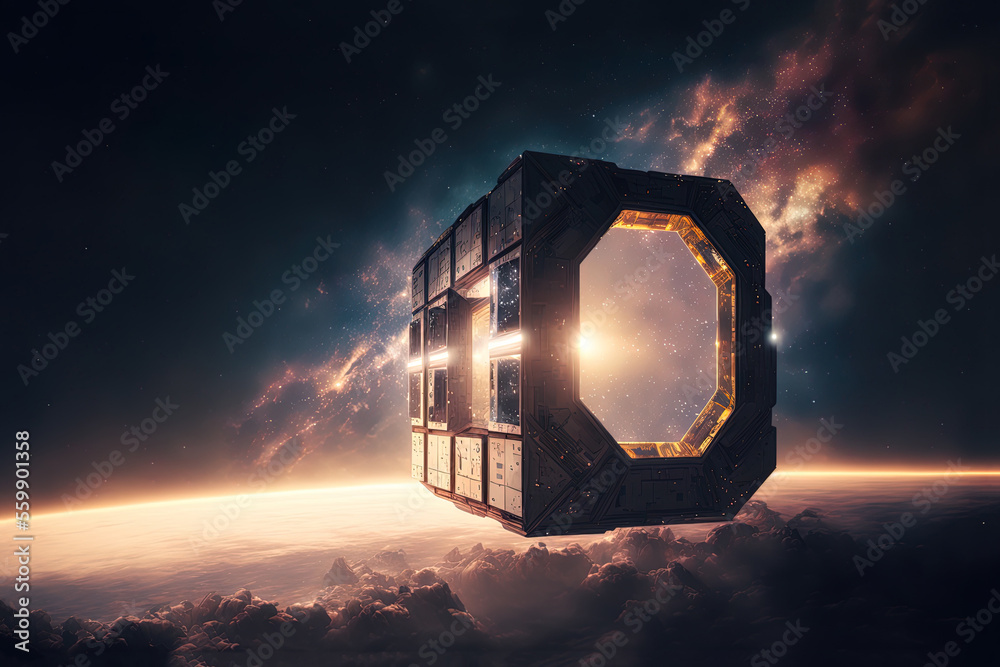 Sci-fi space background with giant platform. Science and technology ...