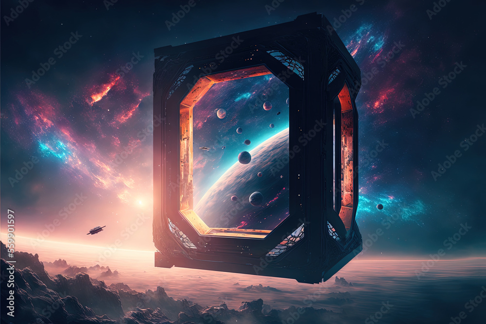 Sci-fi space background with giant platform. Science and technology ...