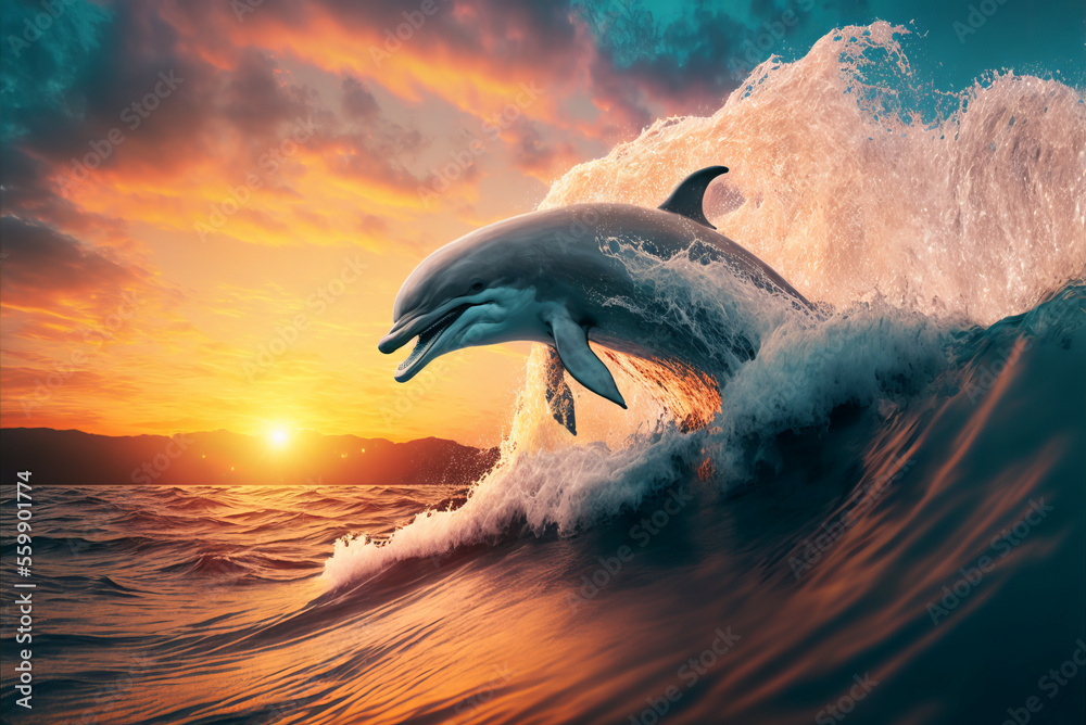 Generative AI Illustration of a beautiful dolphin jumping in orange ...