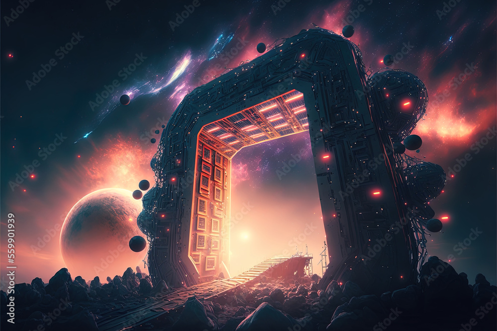 Sci-fi space background with giant platform. Science and technology ...