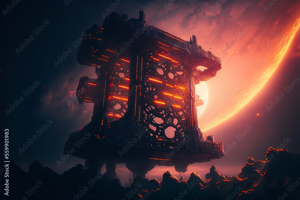 Sci-fi space background with giant platform. Science and technology ...