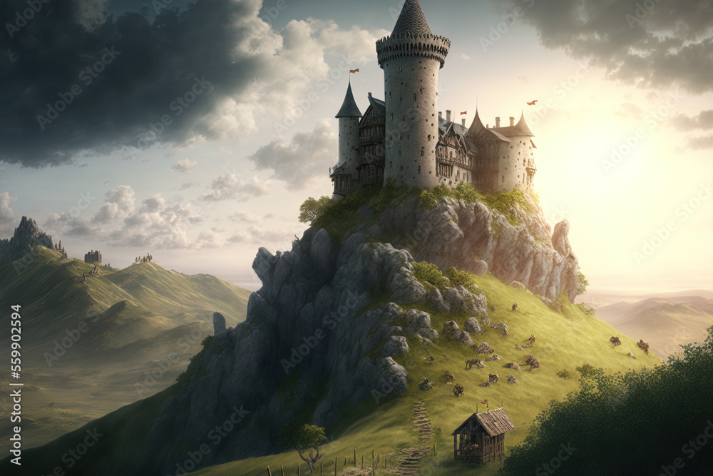 A medieval tower on a hill with a little settlement below is shown ...