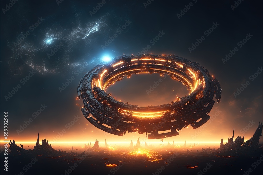 Intergalactic station, disk-shaped space platform. Science and ...