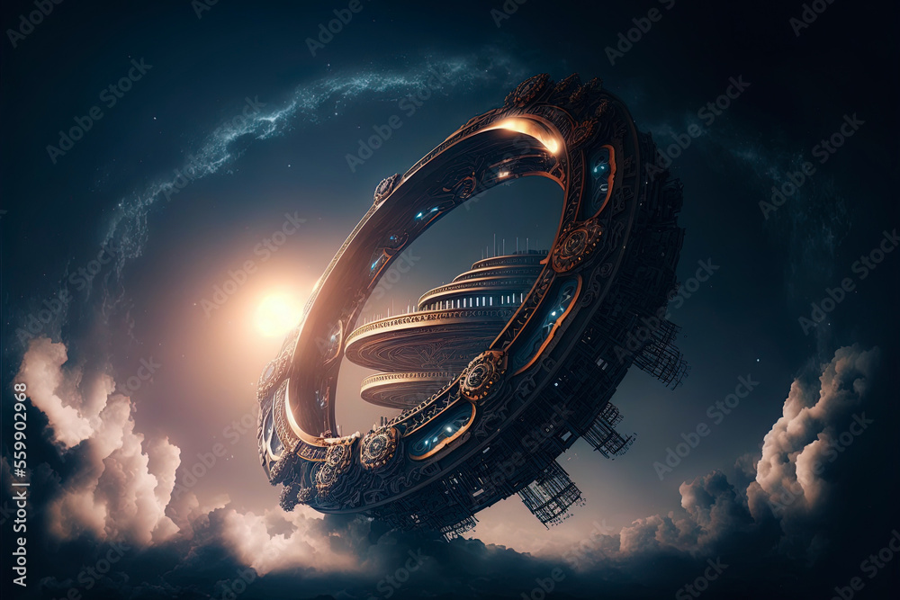 Intergalactic station, disk-shaped space platform. Science and ...