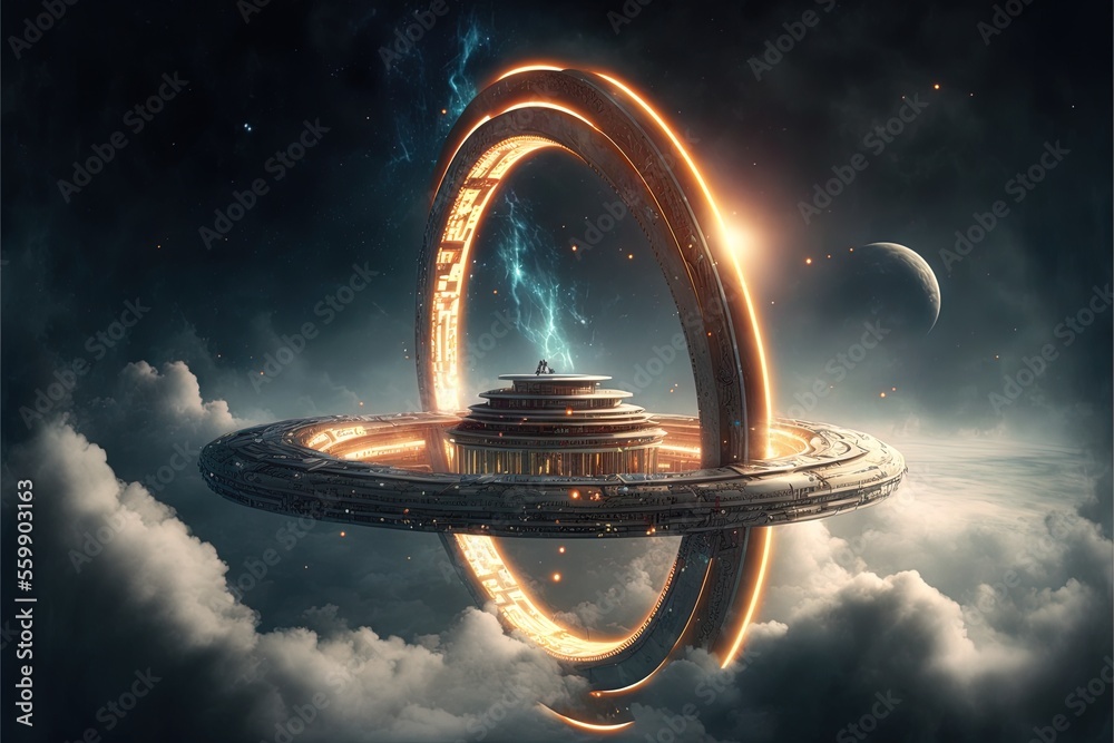 Intergalactic station, disk-shaped space platform. Science and ...