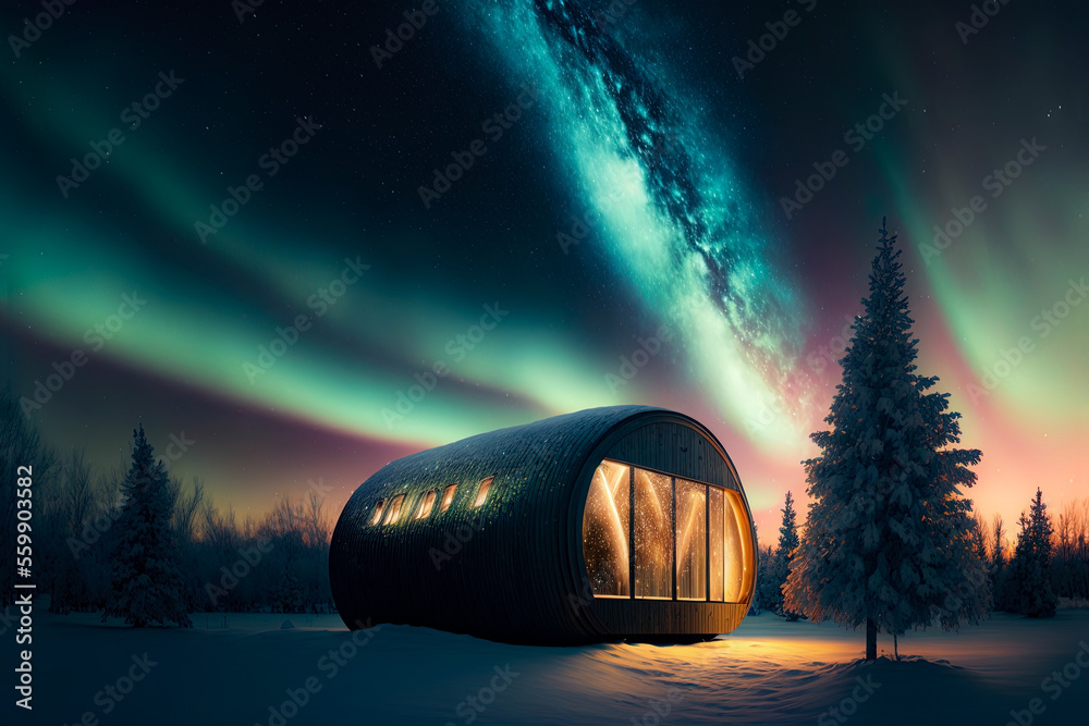 Northern lights at the edge of the north. A small house in the forest ...
