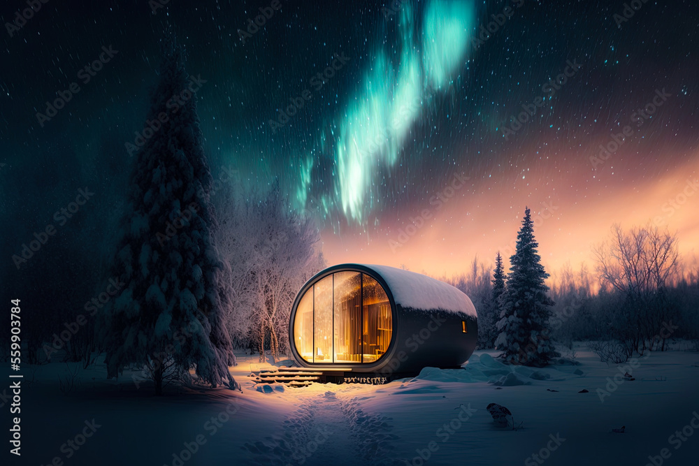 Northern lights at the edge of the north. A small house in the forest ...