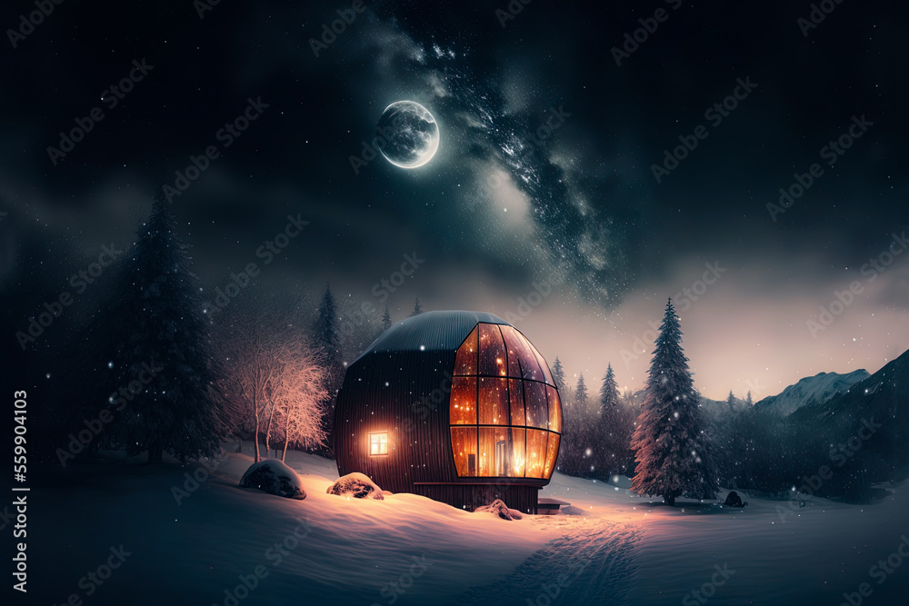 Northern lights at the edge of the north. A small house in the forest ...