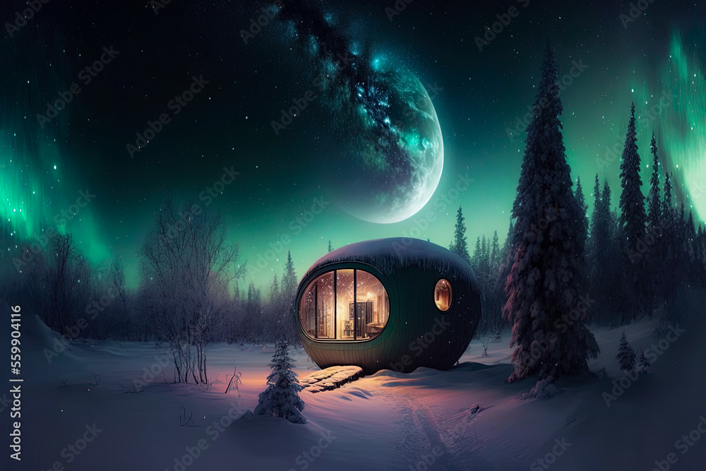 Northern lights at the edge of the north. A small house in the forest ...