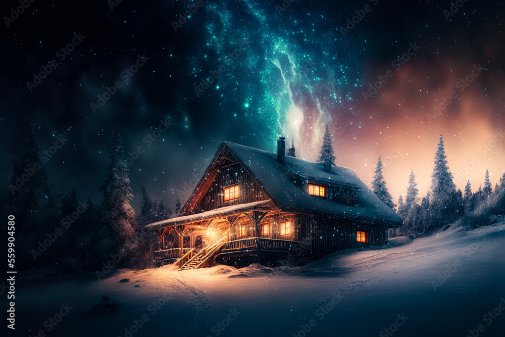 Northern lights at the edge of the north. A small house in the forest ...