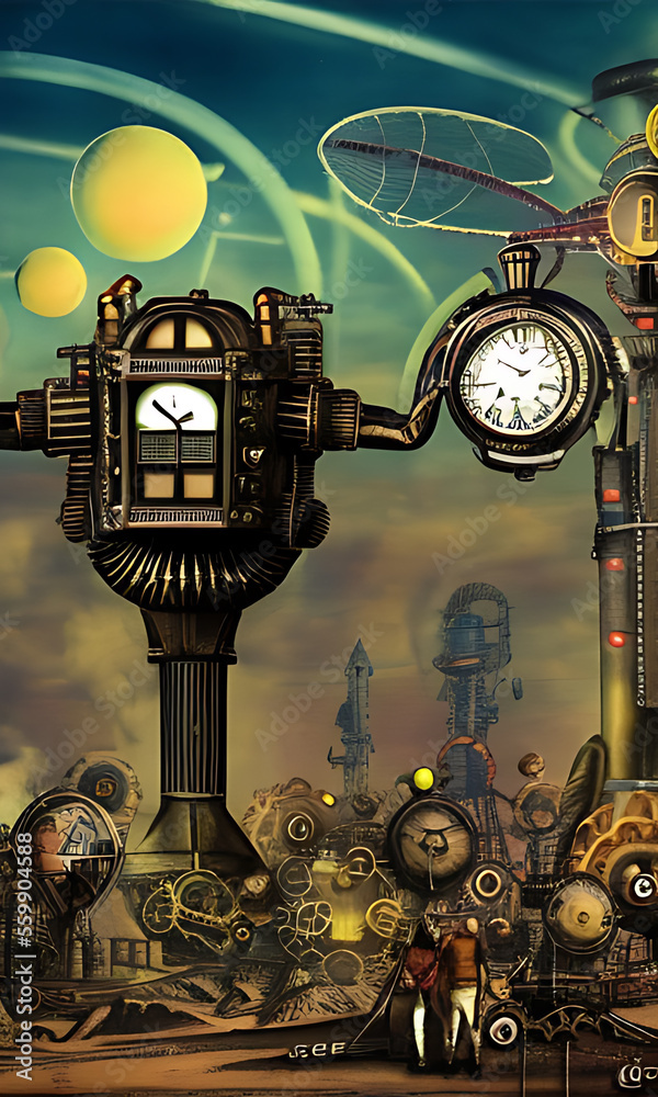Generative AI, weidcore based vivid impact images depicting steampunk ...