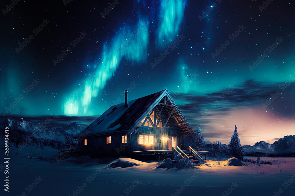 Northern lights at the edge of the north. A small house in the forest ...