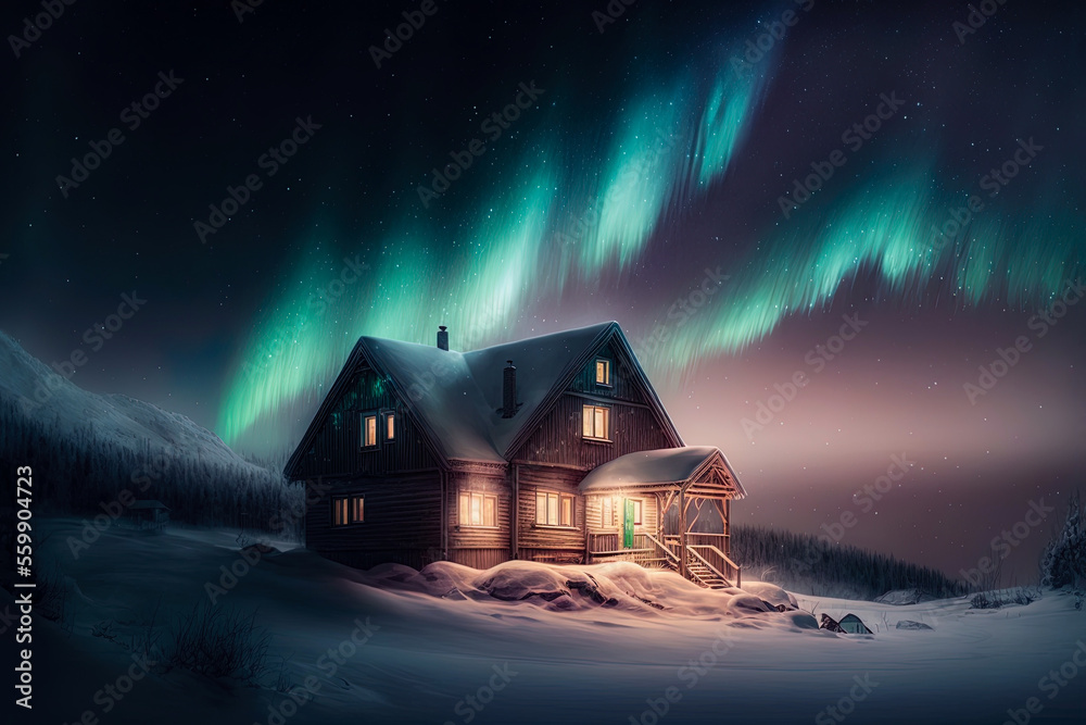 Northern lights at the edge of the north. A small house in the forest ...