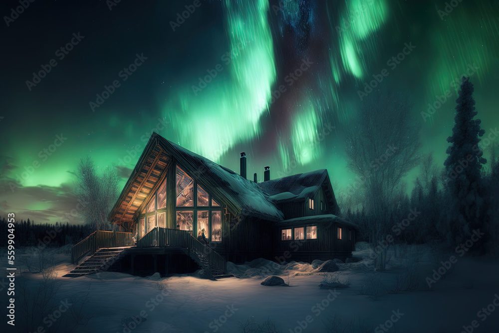 Northern lights at the edge of the north. A small house in the forest ...