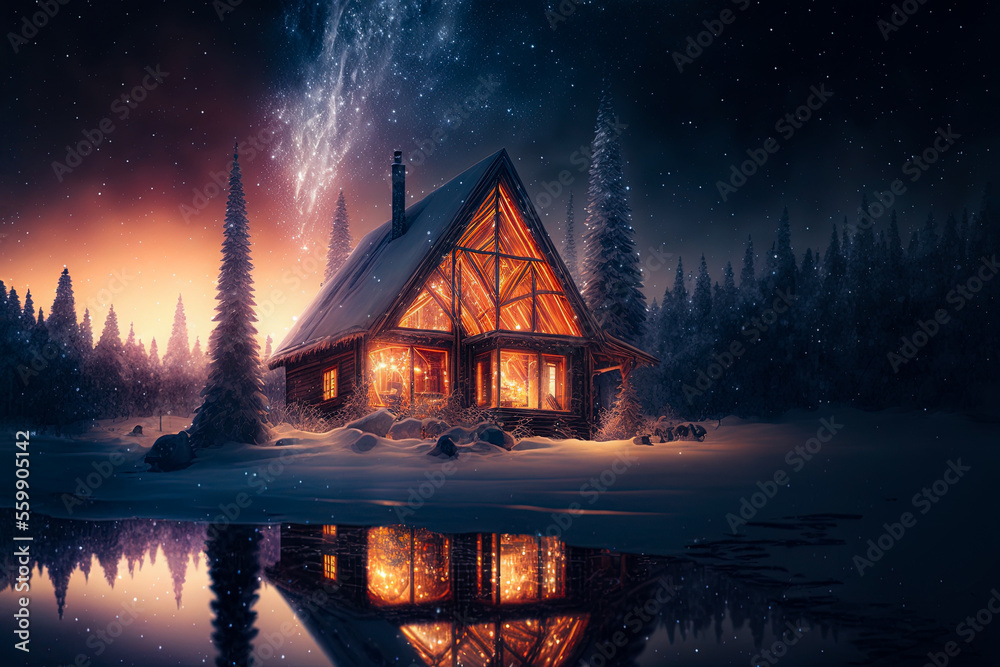 Northern lights at the edge of the north. A small house in the forest ...