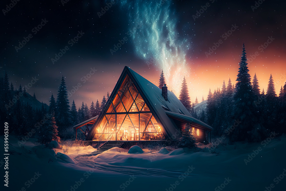 Northern lights at the edge of the north. A small house in the forest ...