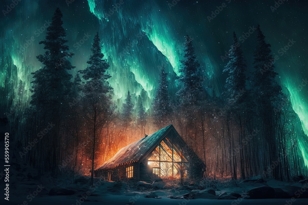 Northern lights at the edge of the north. A small house in the forest ...
