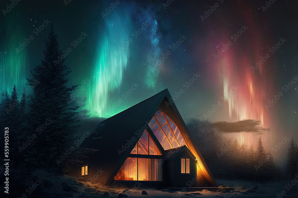 Northern lights at the edge of the north. A small house in the forest ...