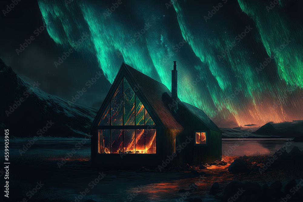 Northern lights at the edge of the north. A small house in the forest ...